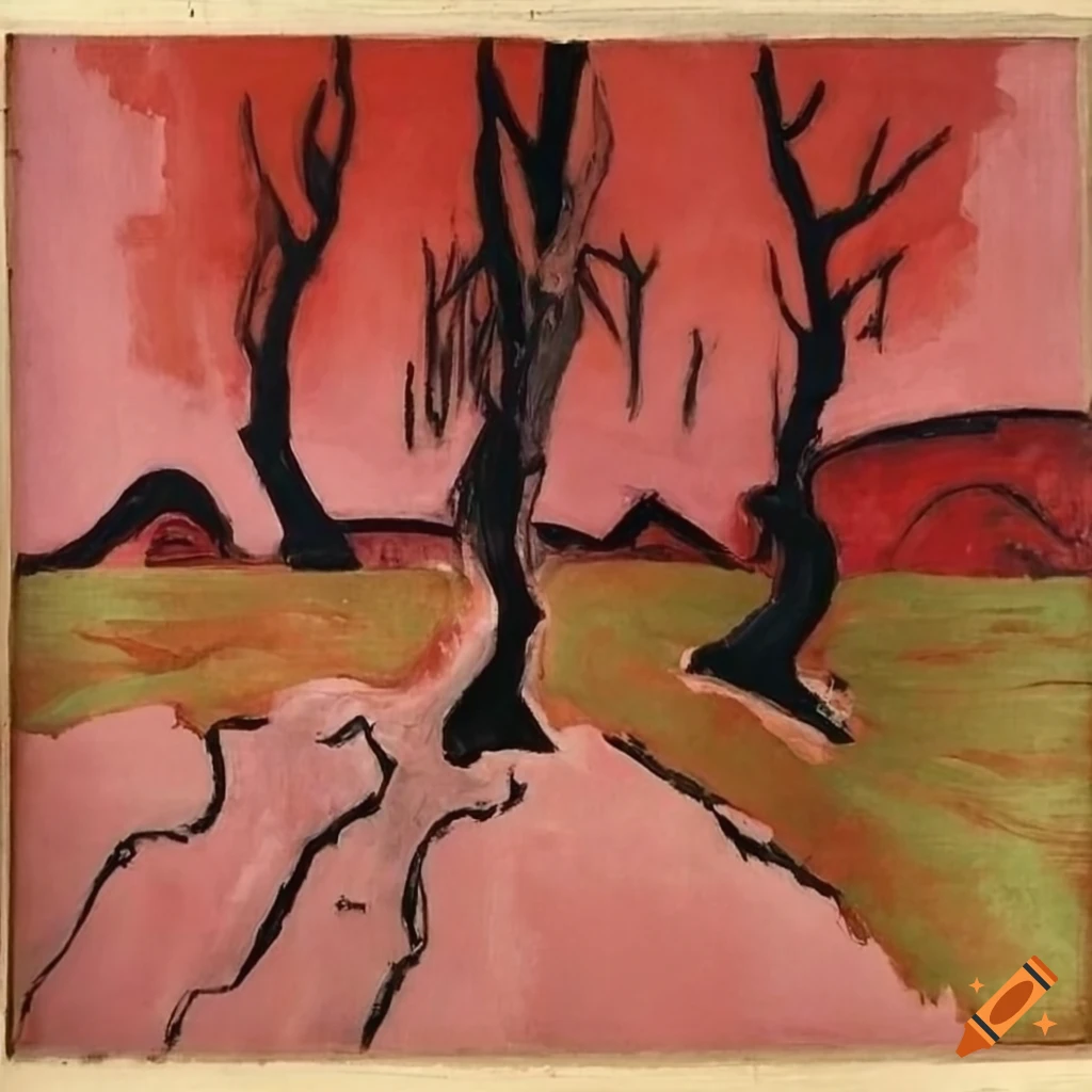 Dramatic trees landscape in expressive drawing and oil painting style ...