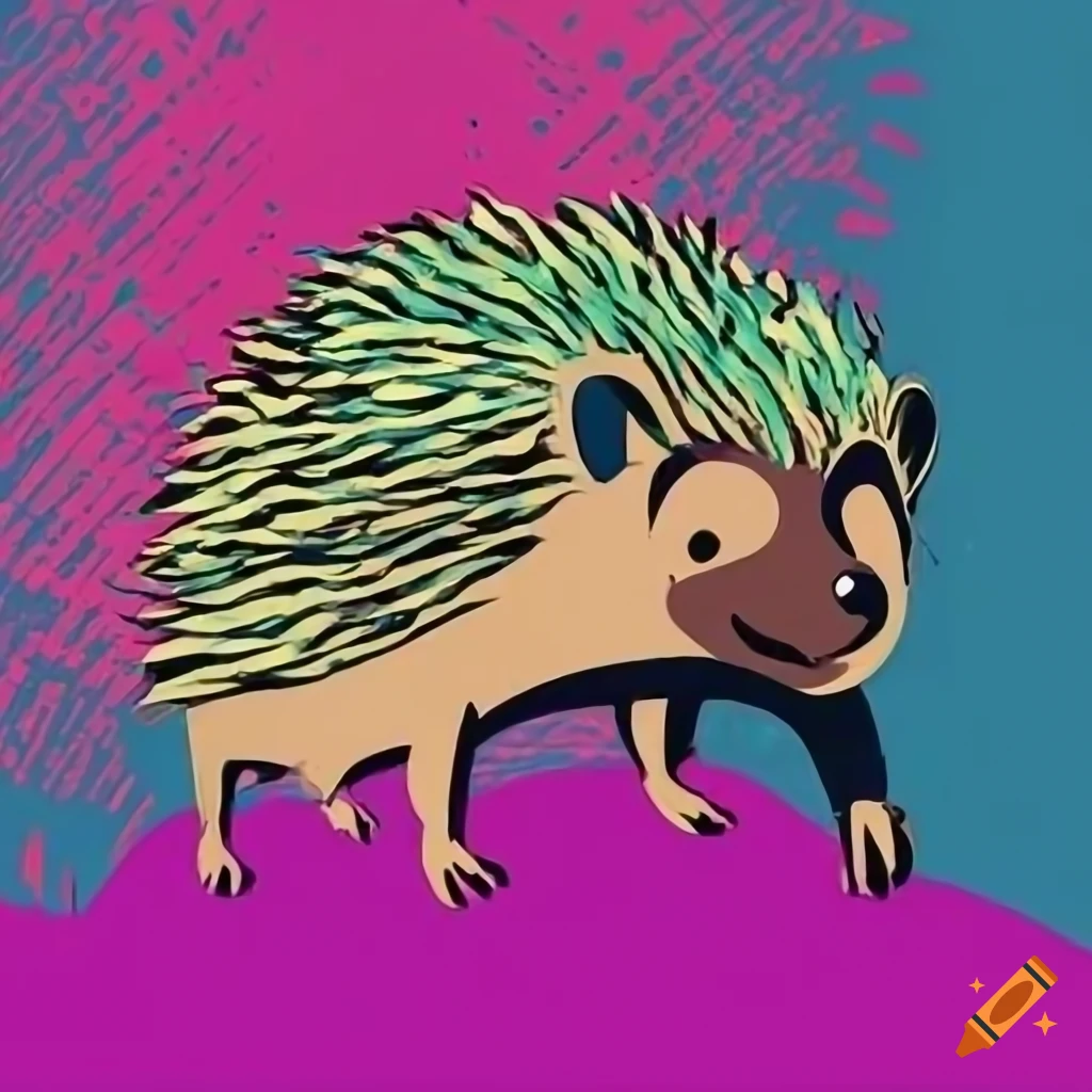Cute hedgehog on a prancing hill in a pop art style on Craiyon