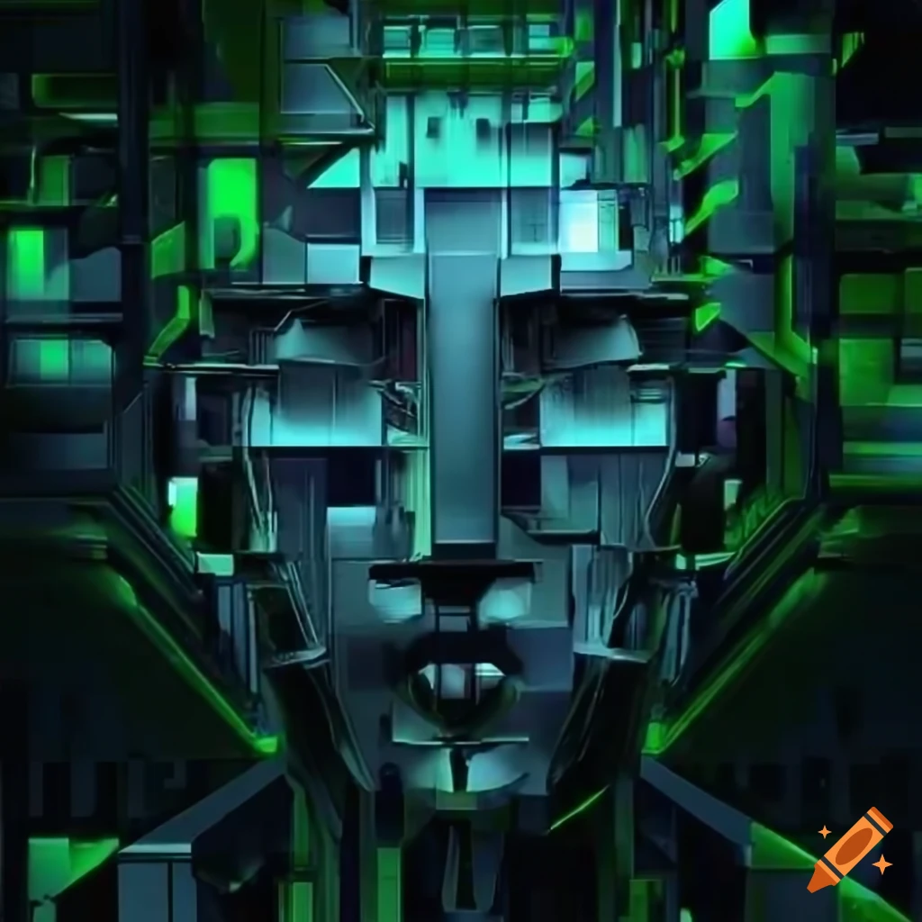 Futuristic transparent face with a solid spirit inside, in a dark ...