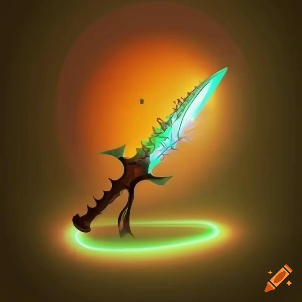 Weapon glowing with natural energy surrounded by leaves and vines on ...