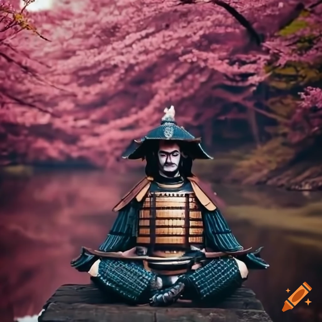 Close up of a meditating samurai in a sakura forest with Japanese architecture on Craiyon