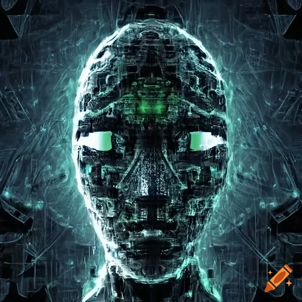 Transparent face with a solid spirit inside, futuristic and geometric ...