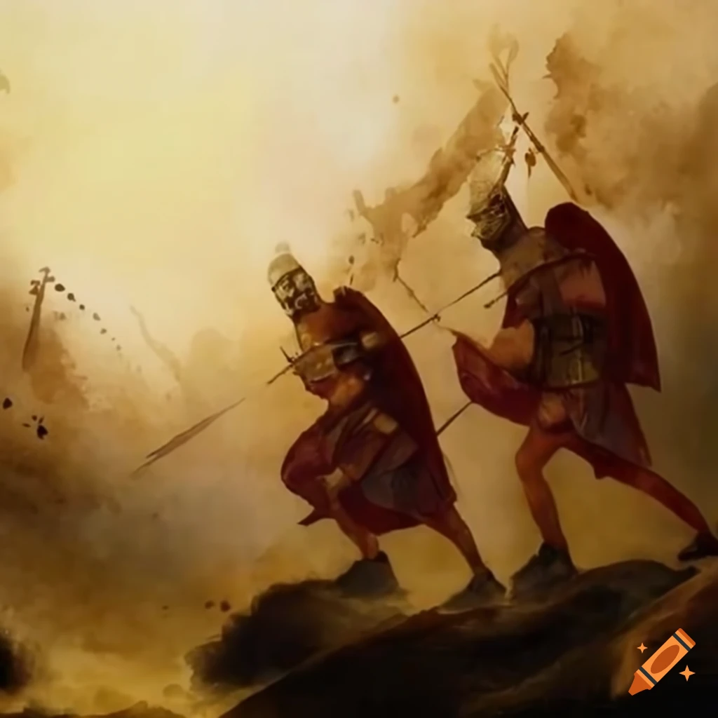 Watercolor painting of ethereal roman soldiers marching in formation on ...