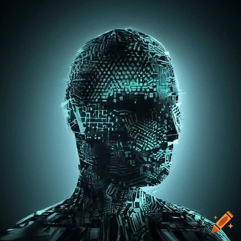 Futuristic transparent face with a solid spirit inside, set in a dark ...