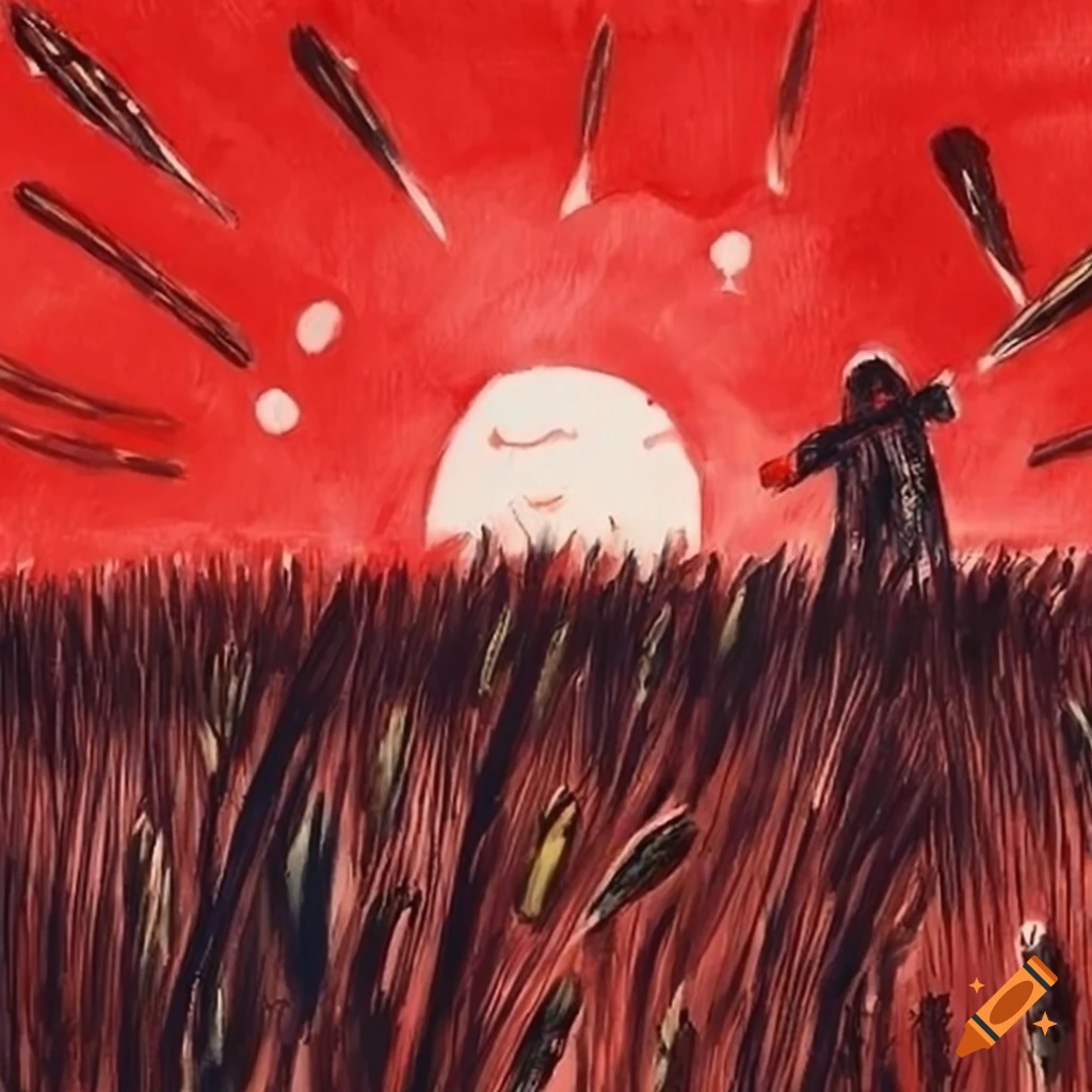 Rockets in a red sky above a wheat field in a kid's drawing on Craiyon