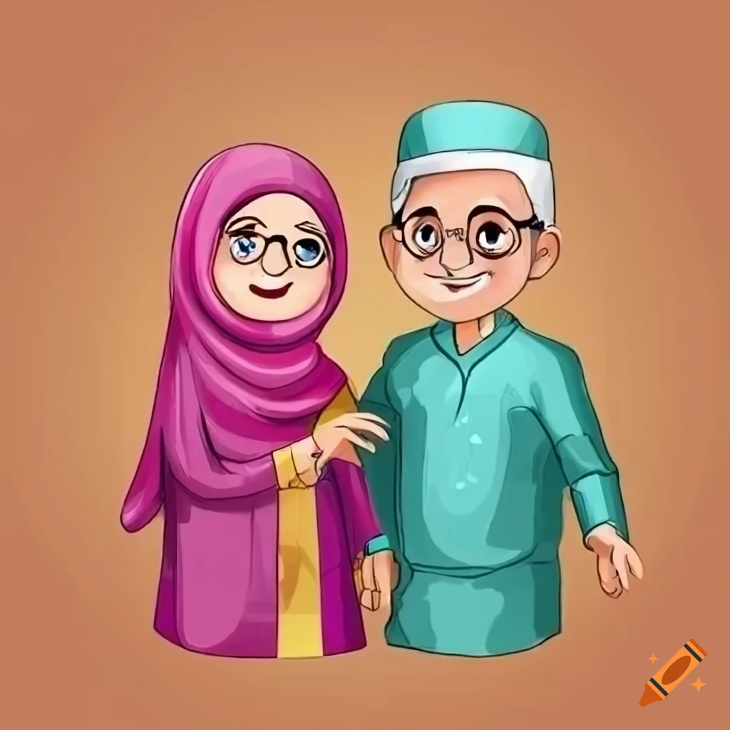 Cartoon Muslim family with grandparents, parents, and two children on ...