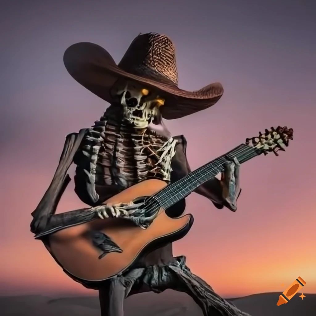 Weathered skeleton in a cowboy hat playing guitar in the desert on Craiyon