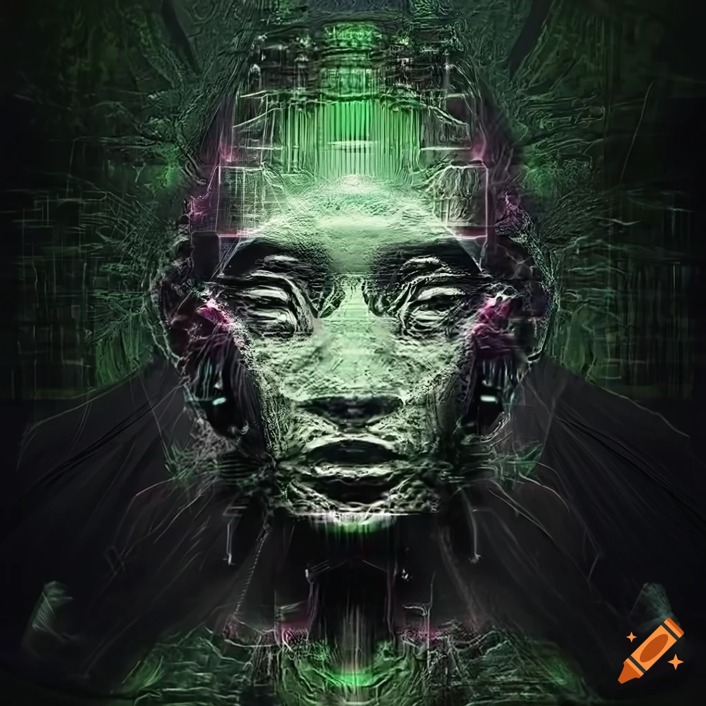 Futuristic transparent face with a solid spirit inside, in a dark ...
