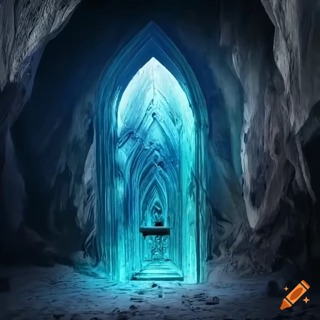 Ornate gothic door on cliff edge in crystal cave with reality cracks on ...