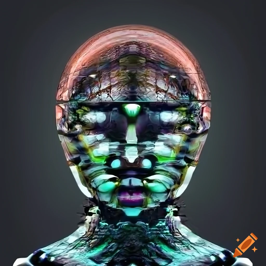 Futuristic transparent face with a solid spirit inside, set in a dark ...