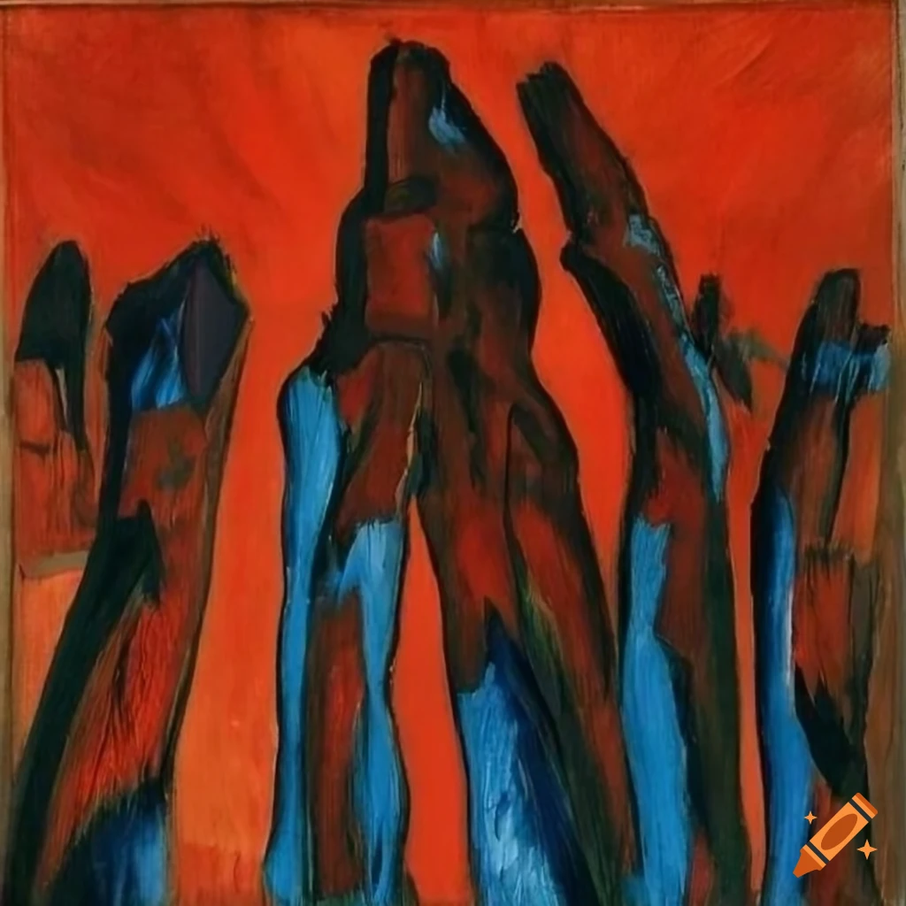 Proud dramatic trees landscape art in blue, sand, and wine red tones on ...