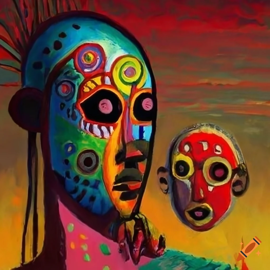 Colorful and bizarre anime landscape inspired by African masks on Craiyon
