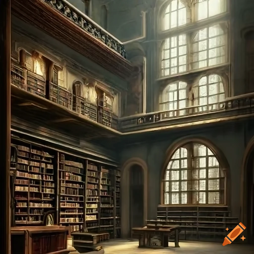 Interior of a medieval library with books, sunlight, and marble ...