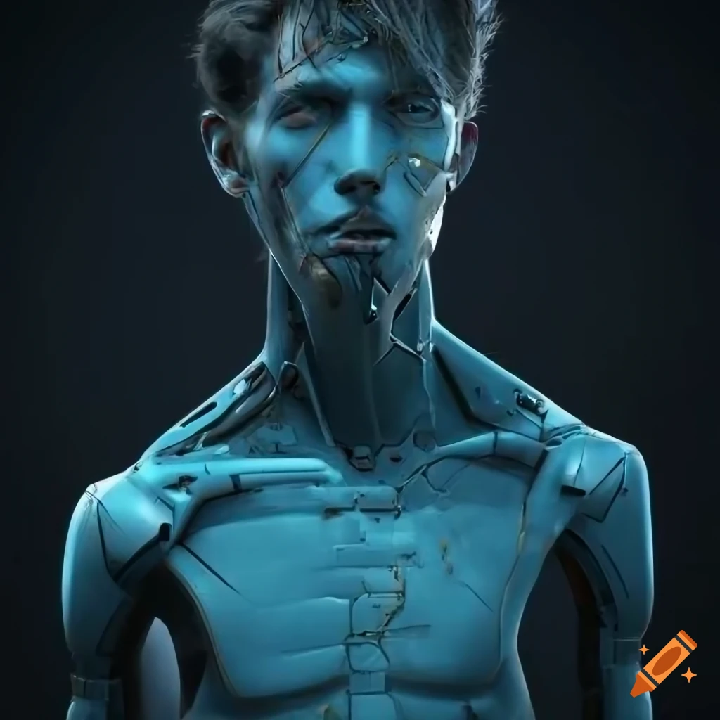 PhotoRealistic image of a damaged skinny male cyborg with exposed wires ...