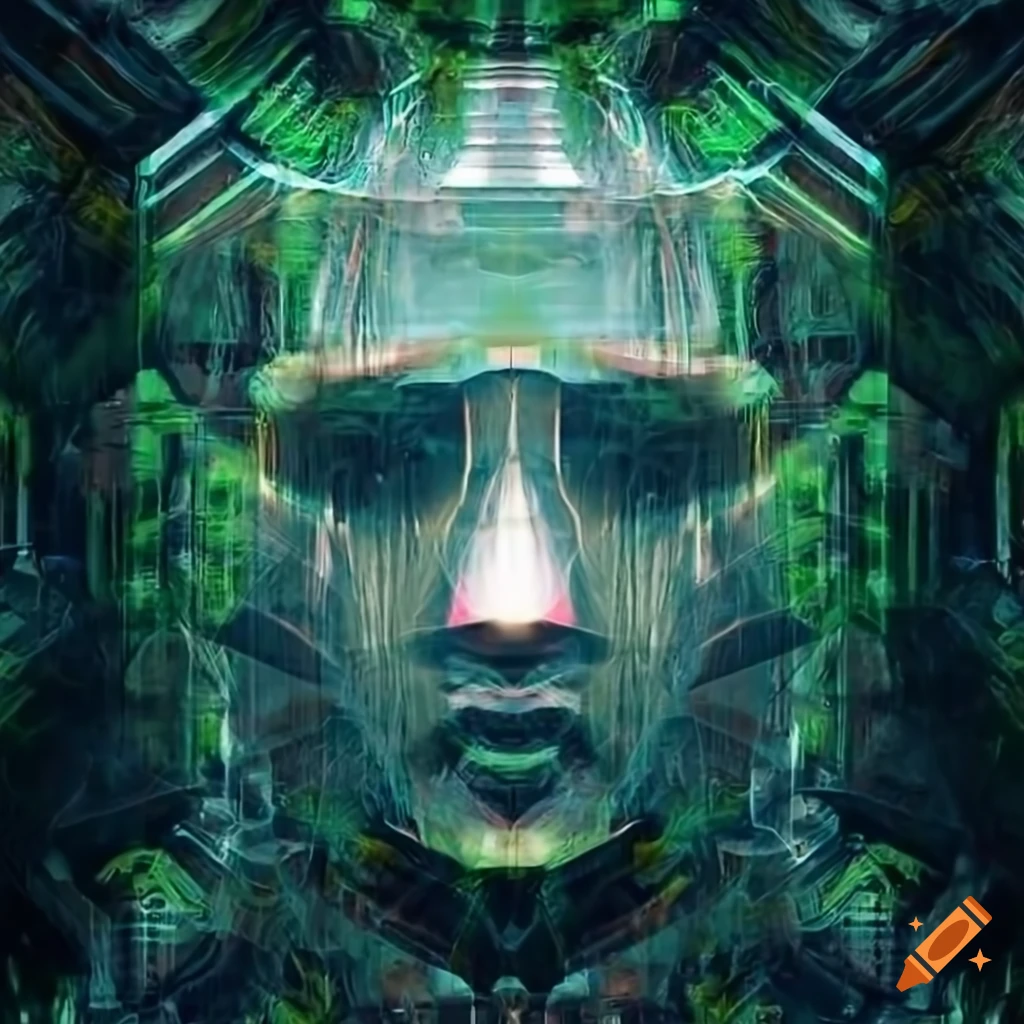 Transparent face with a solid spirit inside, futuristic and geometric ...