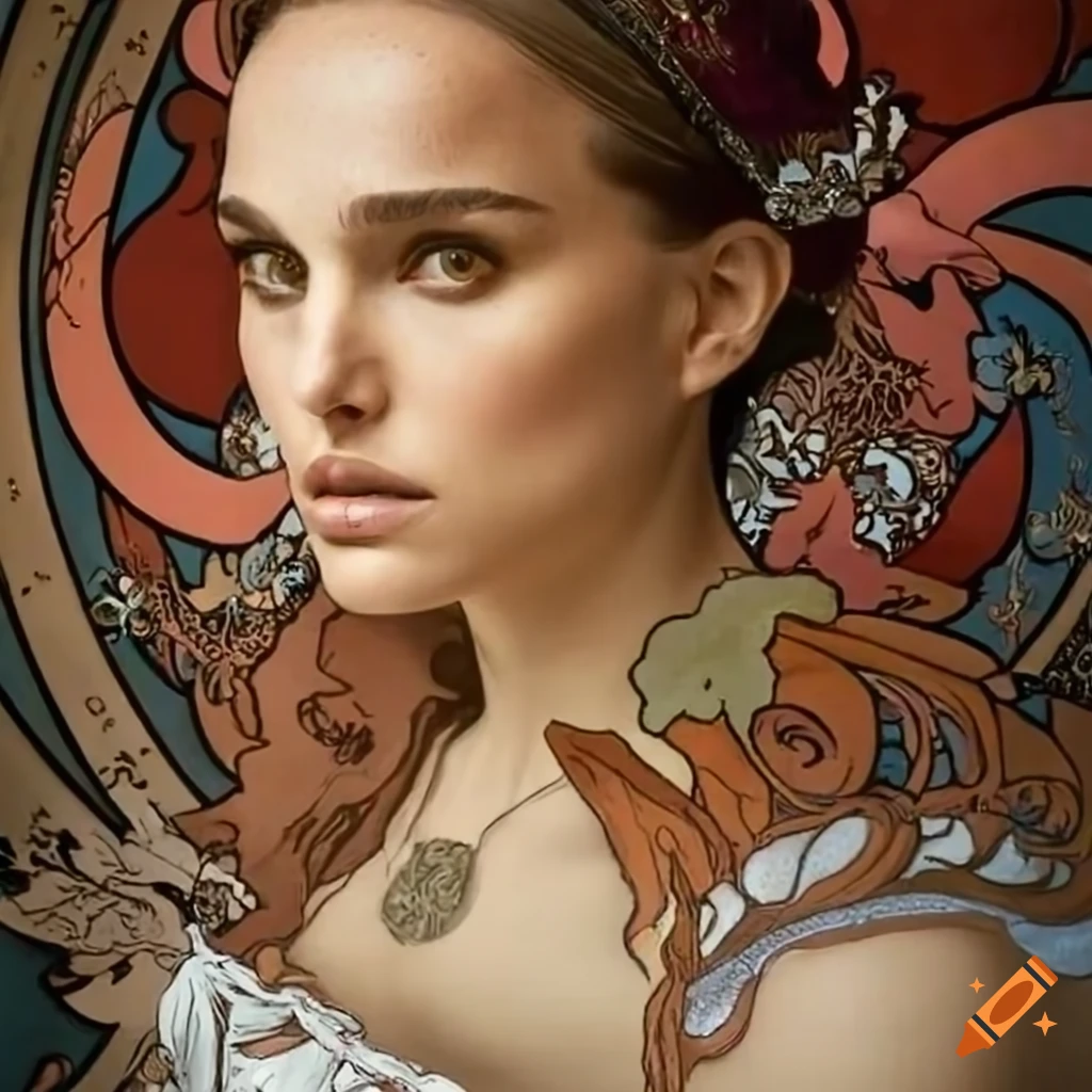 Portrait of Natalie Portman in the style of Alphonse Mucha on Craiyon