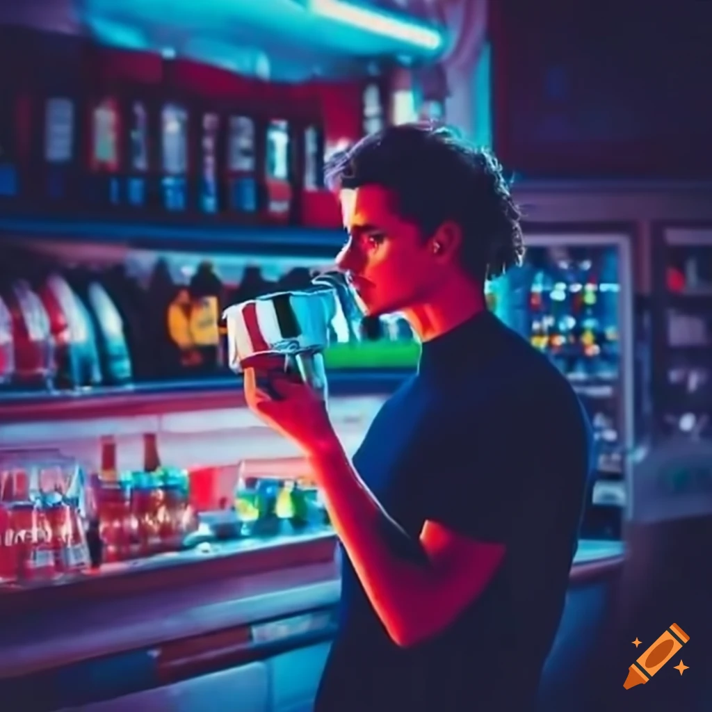Man buying drinks in a dimly lit gas station on Craiyon