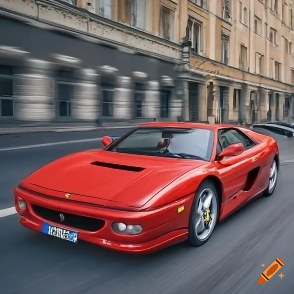 Sleek red Ferrari F355 driving on Moscow's vibrant streets on Craiyon