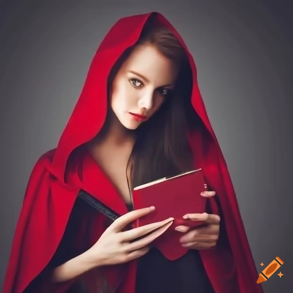 Beautiful woman in red cloak with wand or book on Craiyon