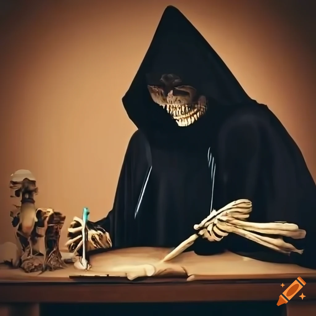 Skeleton writing on ancient scroll at a desk on Craiyon