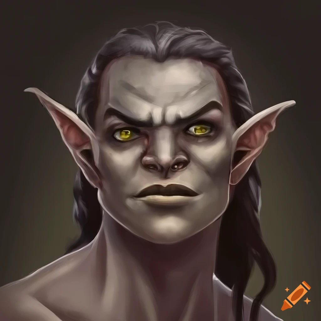 Portrait of an androgynous half-orc person with a rugged and commanding ...