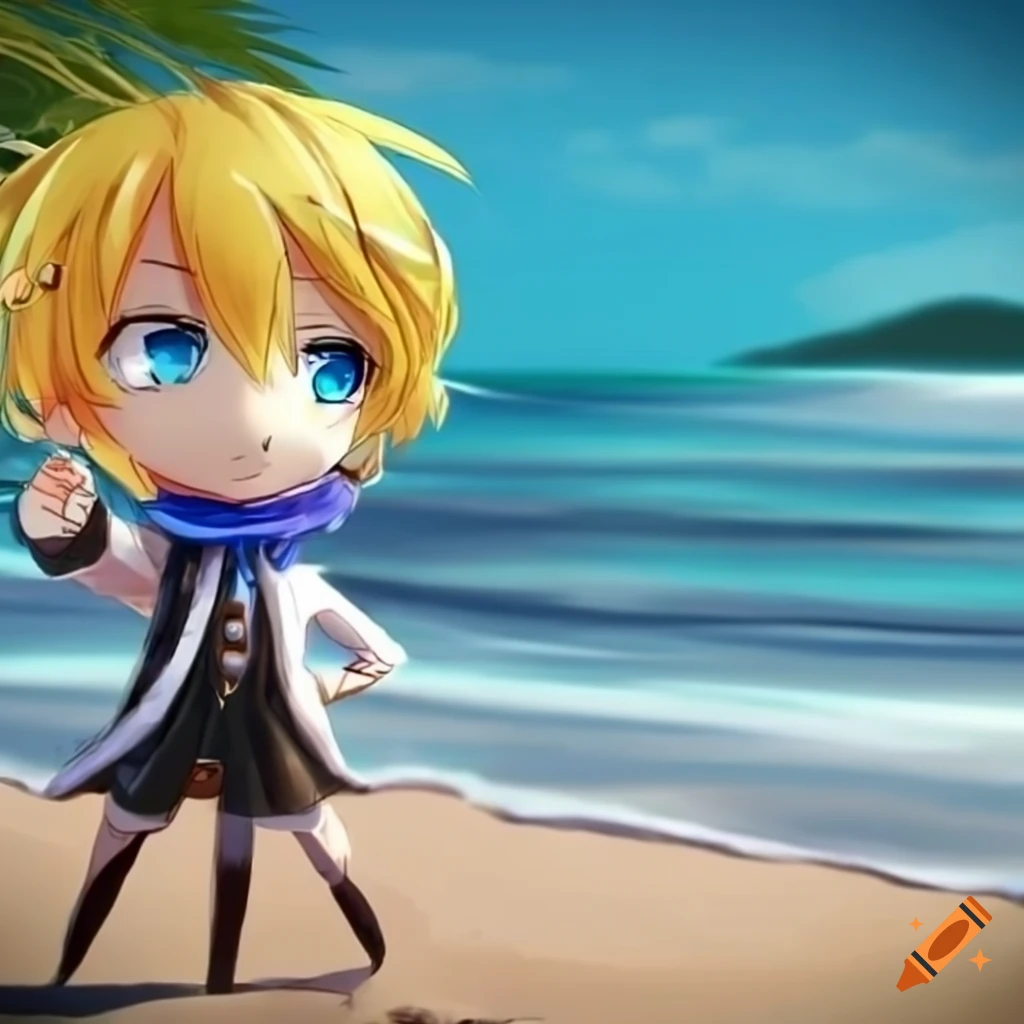 Chibi Vocaloids KAITO and Len on a black sand beach on Craiyon