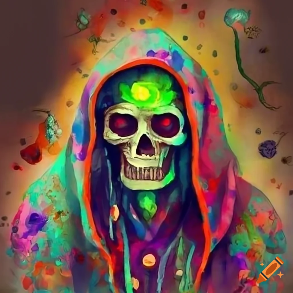 Colorful skeleton druid shaman with hood and poppies on Craiyon