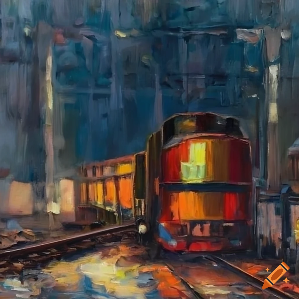 Abstract oil painting of a railroad yard on Craiyon