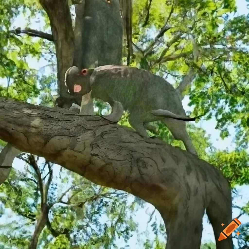 Arboreal feathered dinosaur with koala features climbing the canopy on ...