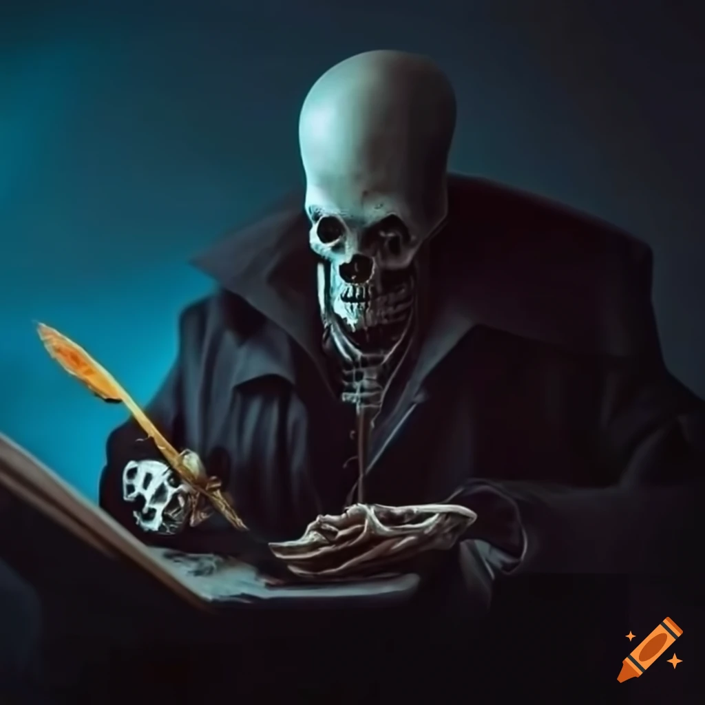 Skeleton necromancer accountant writing at desk with quill on Craiyon
