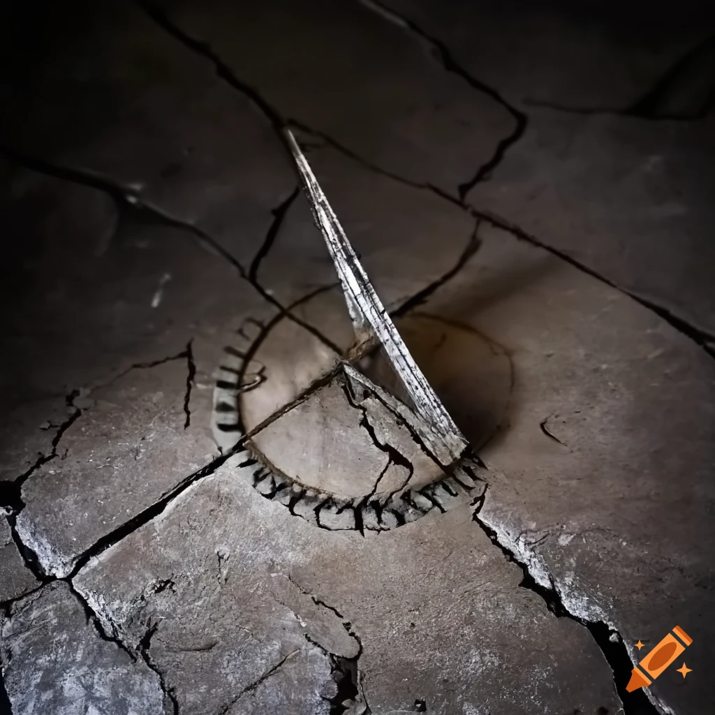 Primitive homemade sundial using angled reinforcement in concrete slab ...