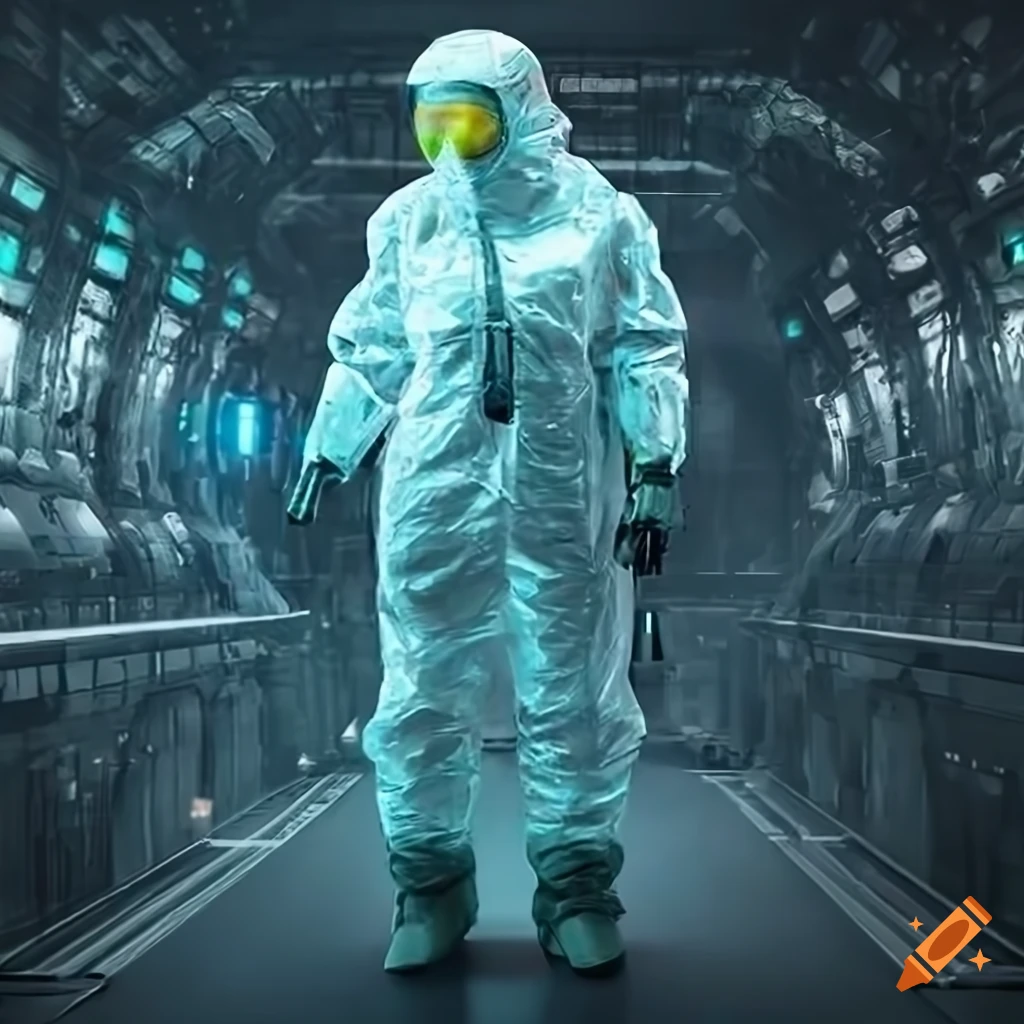 Futuristic hazmat cleanup person in a sci-fi bottling-plant at ...
