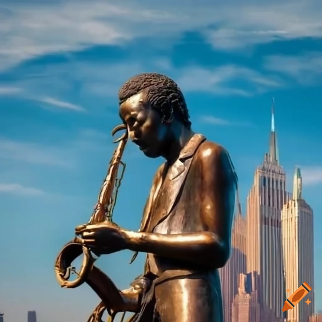 Statue of miles davis with mountains and new york skyline in the ...