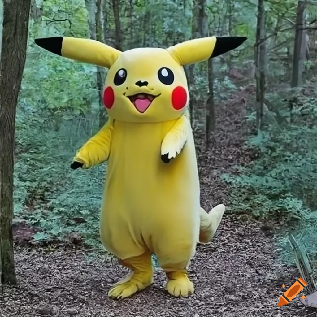Weasel in a Pikachu mascot costume in the woods on Craiyon