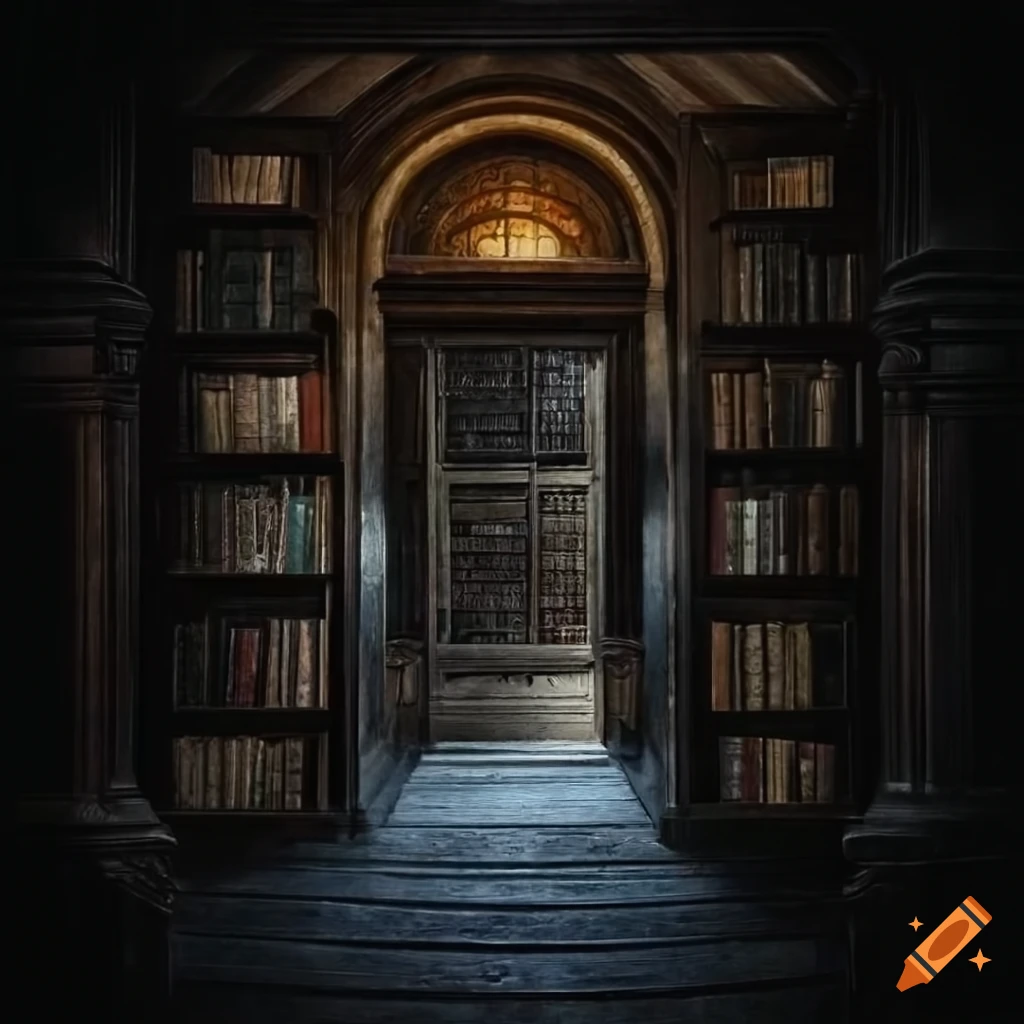 Dimly lit old-fashioned library with hidden door to dark staircase on ...