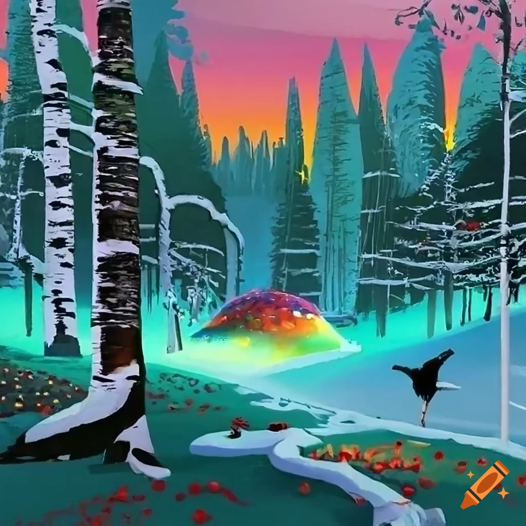 Blade runner forest scene with evergreen and birch trees, snow, red ...