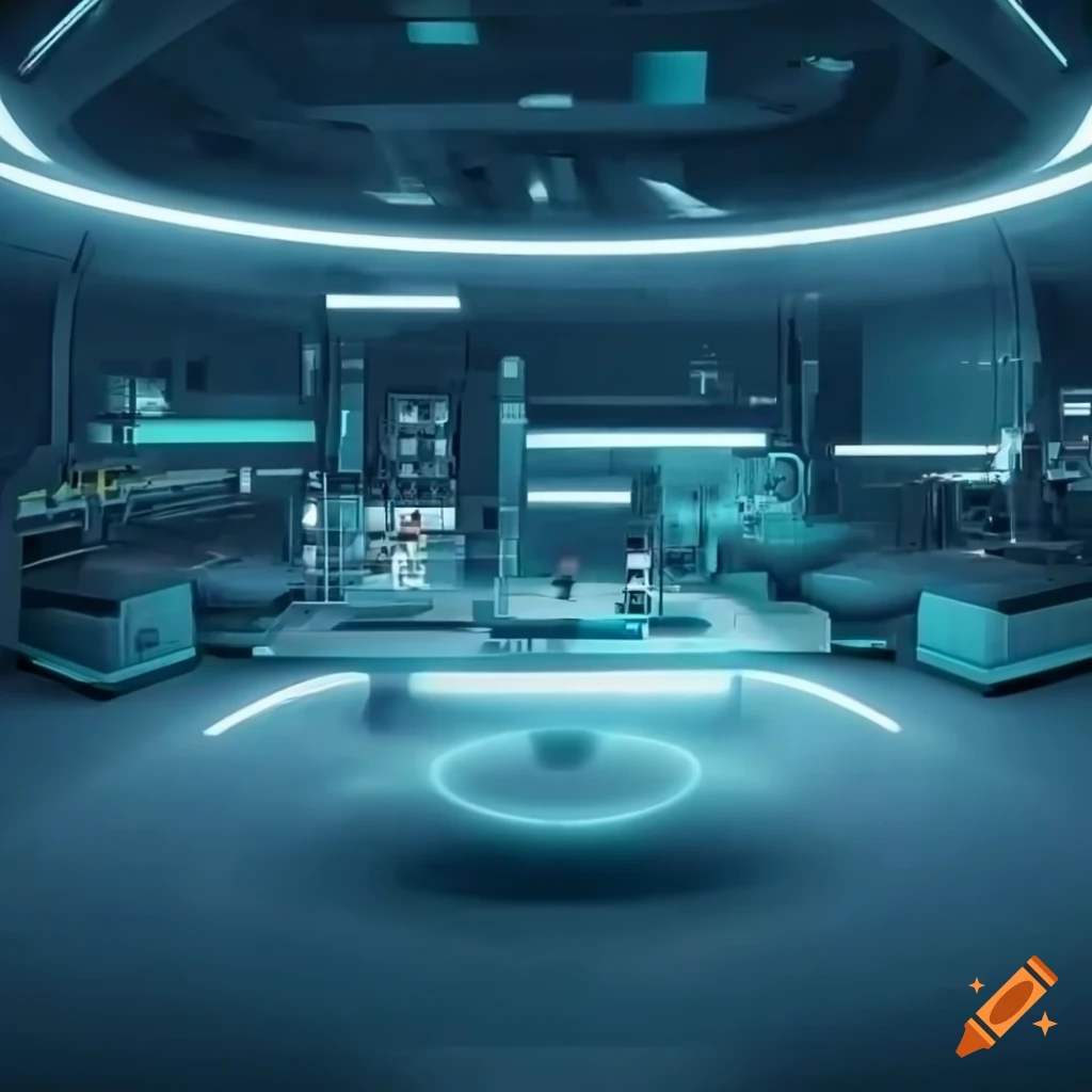 Futuristic laboratory with advanced medical equipment and a mysterious ...
