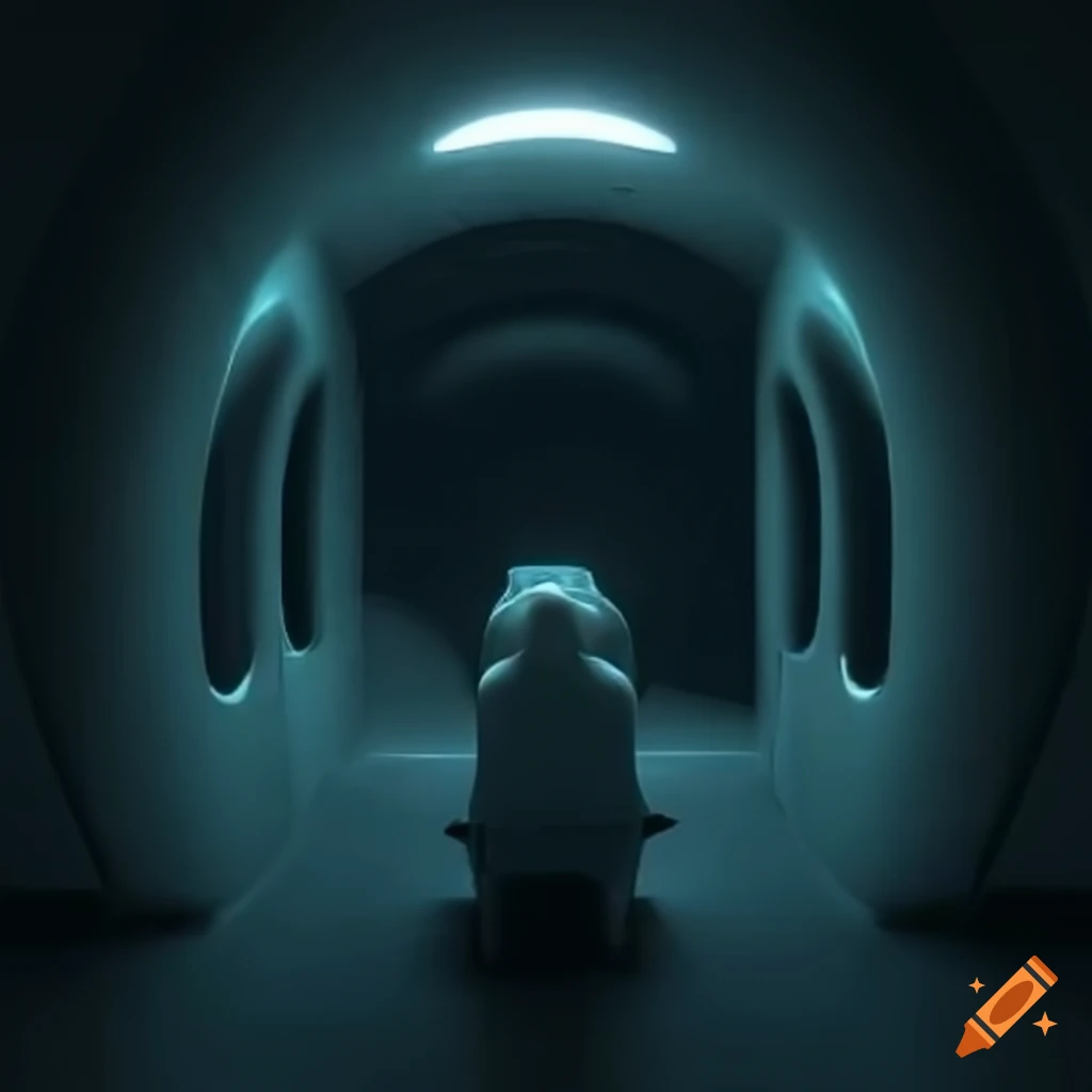 Near-future medical observation gallery with pod beds and computer ...