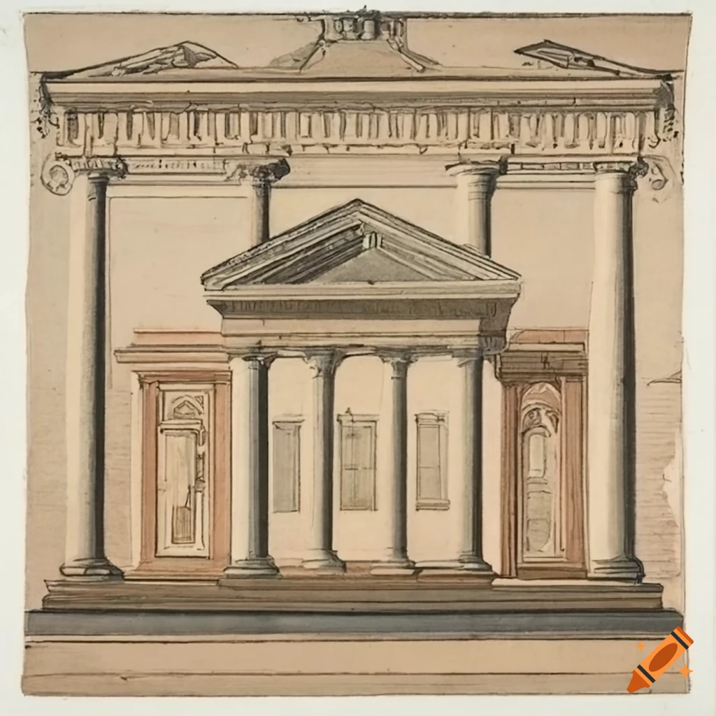 Neoclassical building with Romanesque pillars and angels watering a ...