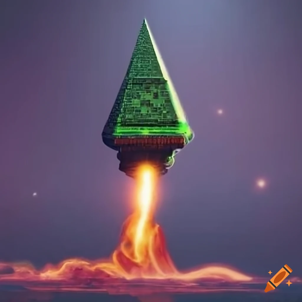 Futuristic pyramid-shaped spacecraft with green flames flying in space on Craiyon