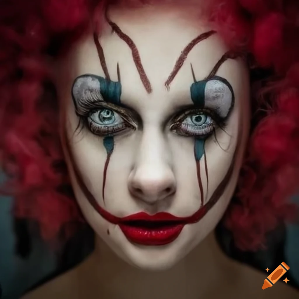 Realistic portrait of a female carnival clown with horror face and ...