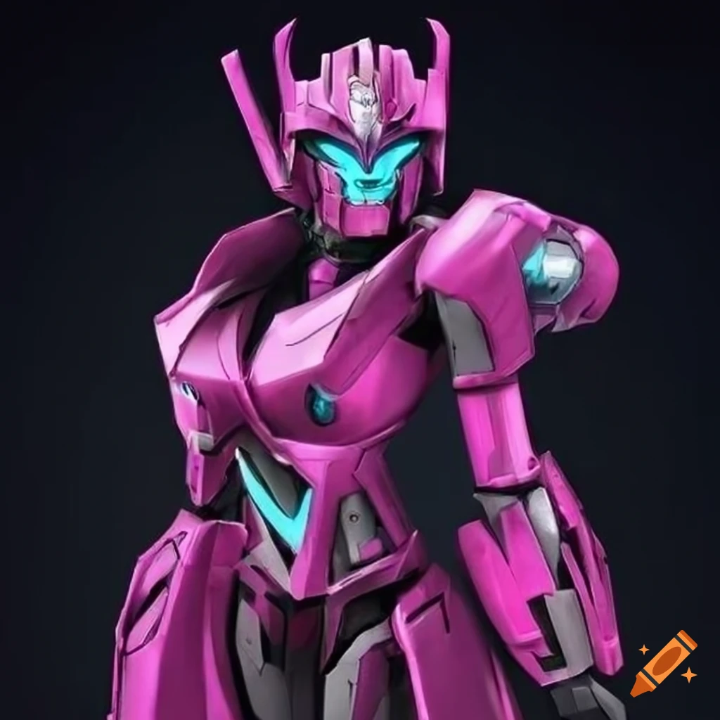 Transformers heroine in pink-accented grey armor with flowing skirt ...