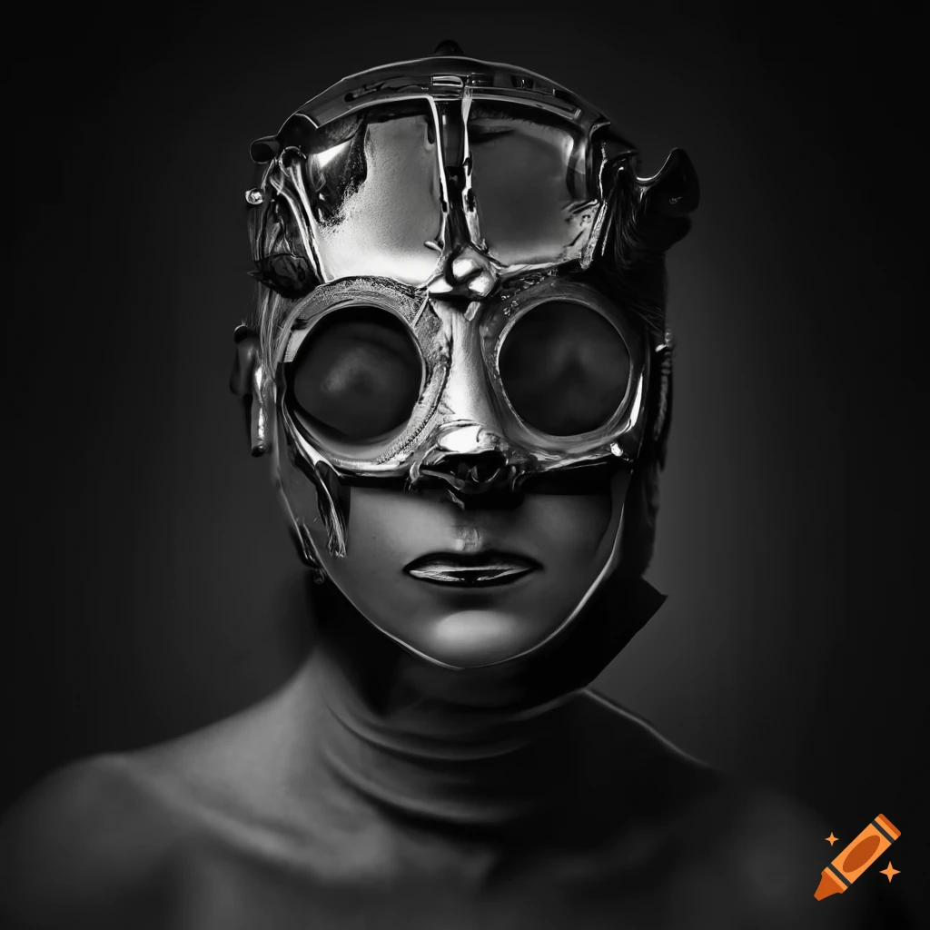 Black and white portrait of a person wearing a futuristic metal mask on ...