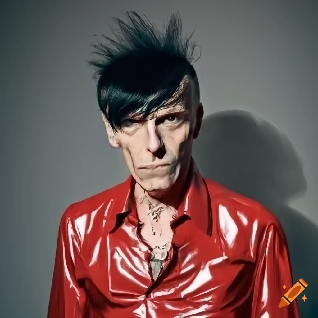 Rugged 60-year-old punk singer with short black hair and red pvc shirt ...