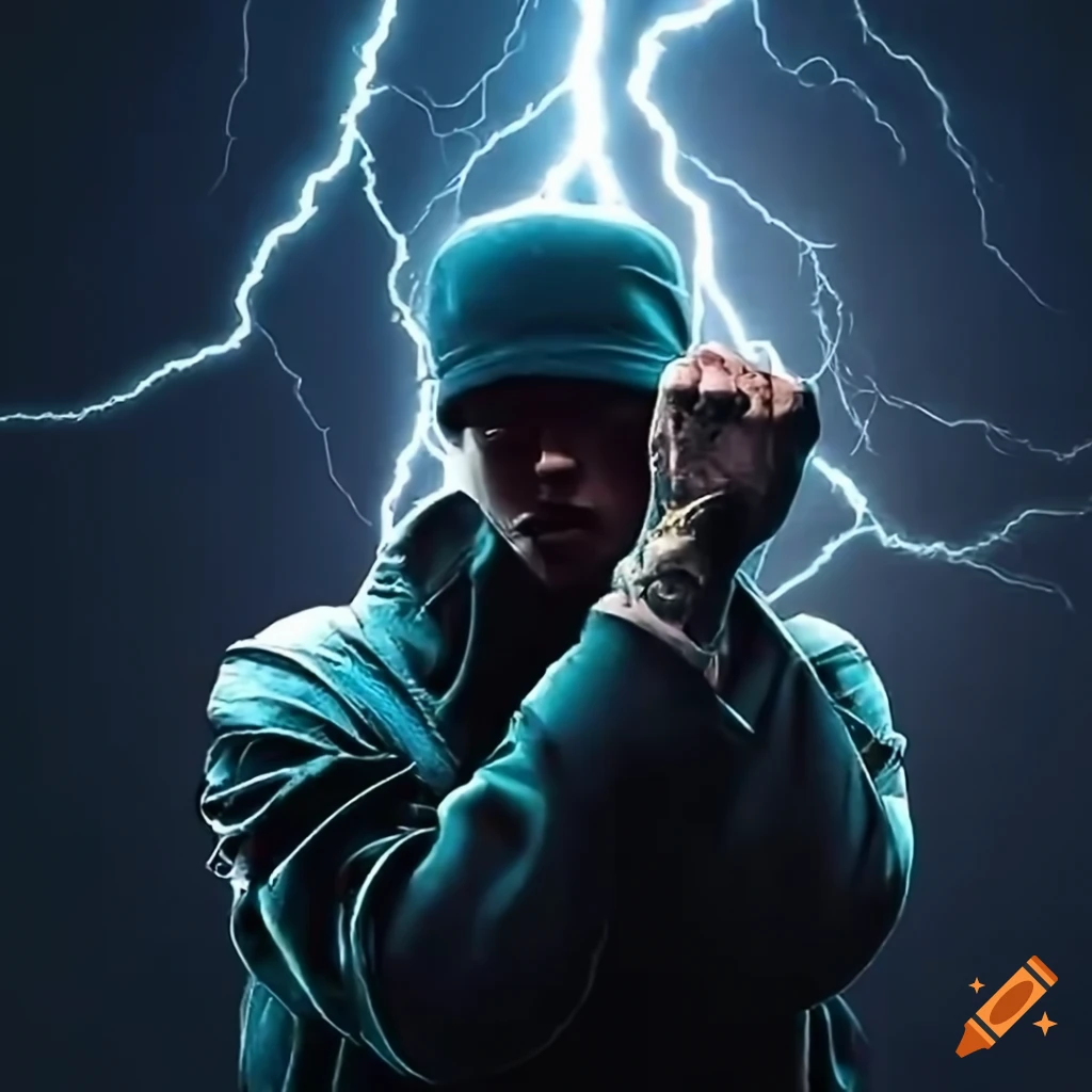 Rapper winding up a punch with lightning in his clenched fist on Craiyon