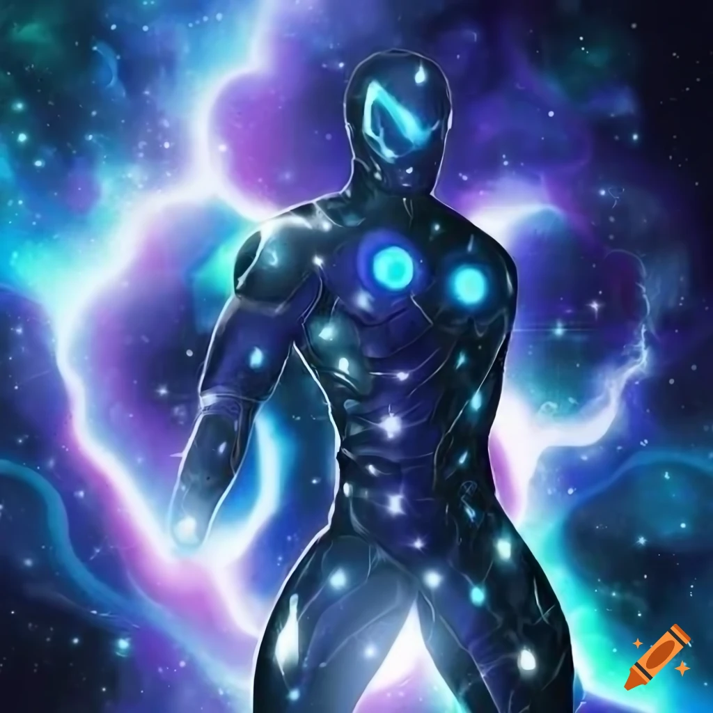 Cosmic superhero with glowing blue energy body in a starry night sky on ...