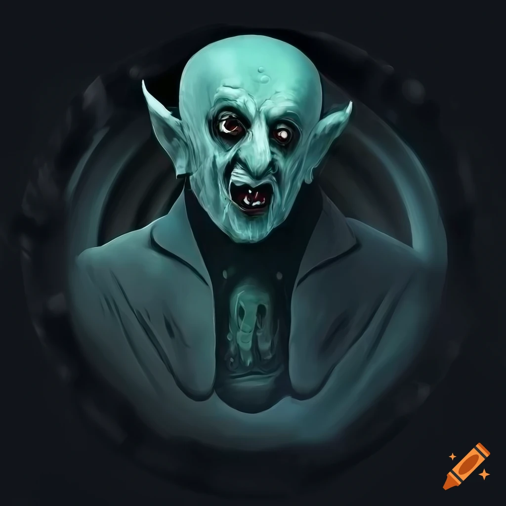 Joyful obese vampire with round features and a huge belly in a dark ...