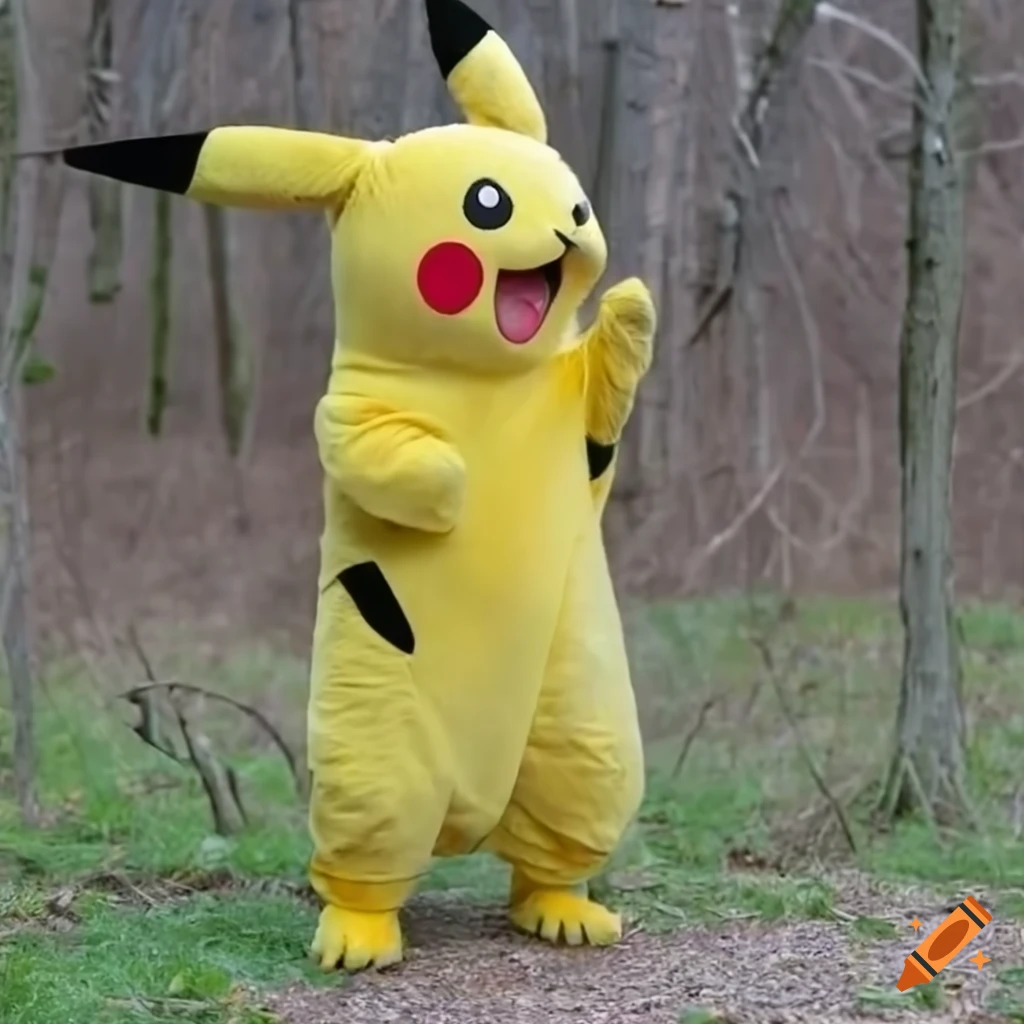 Stoat weasel wearing pikachu costume in the woods on Craiyon