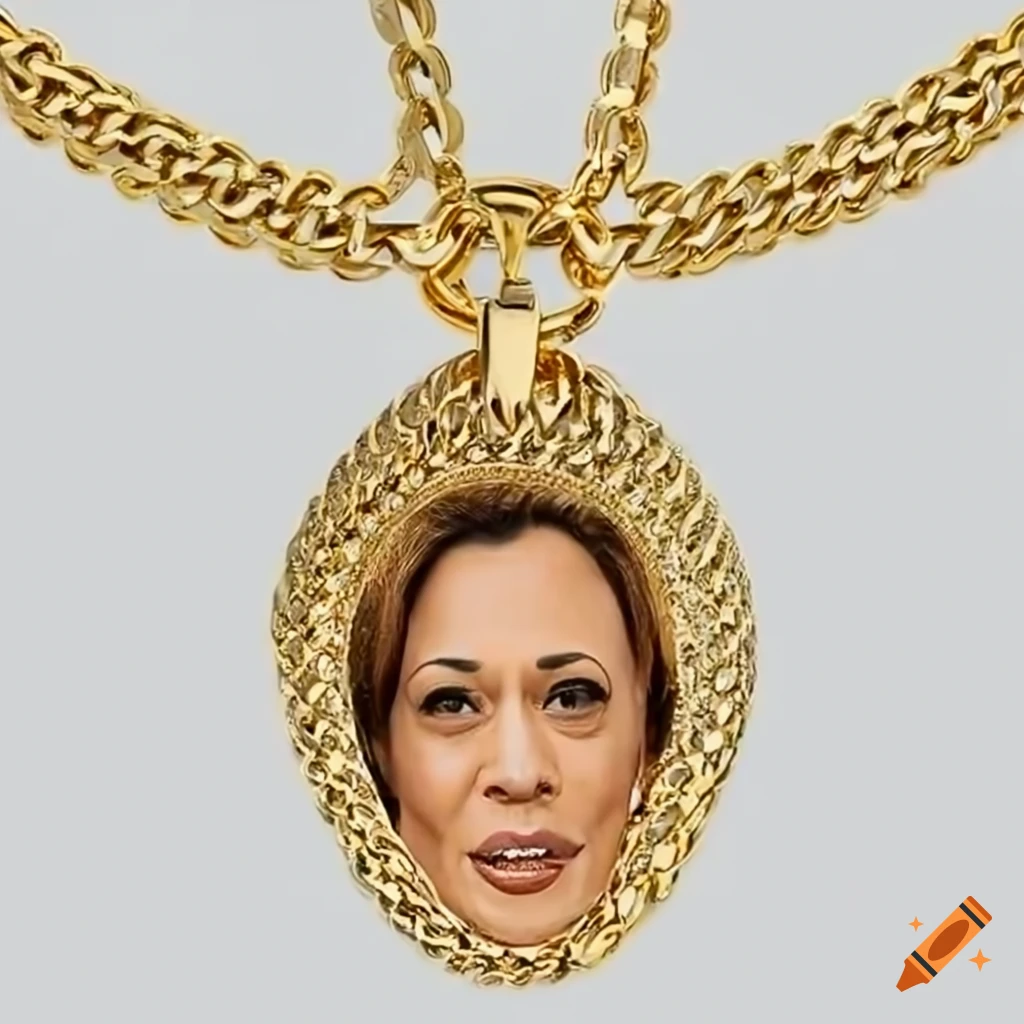 Luxurious gold rap chain necklace with 3d head of kamala harris on Craiyon