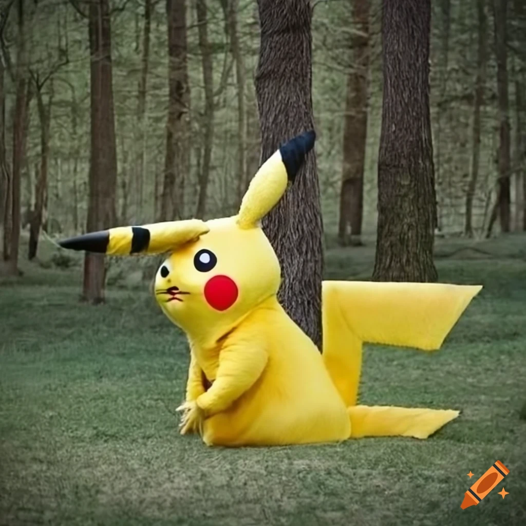 Squirrel in pikachu costume crawling in the woods on Craiyon